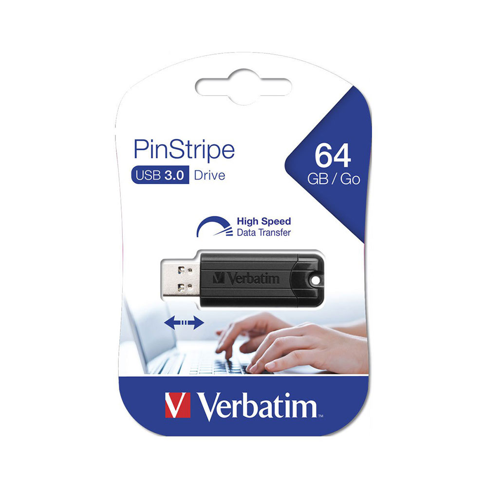 PEN DRIVE VERBATIM 64GB PINSTRIPE USB 3.0 NEGRO | Intermaco Mayorista